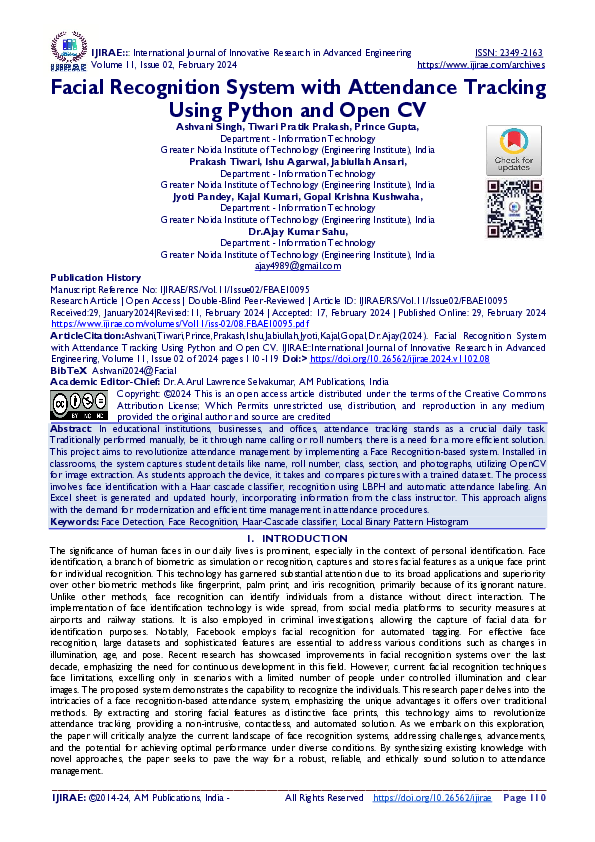 (PDF) Facial Recognition System with Attendance Tracking Using Python and Open CV
