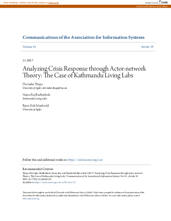 (PDF) Analyzing Crisis Response through Actor-Network Theory: The Case ...