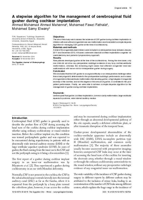 (PDF) A stepwise algorithm for the management of cerebrospinal fluid gusher during cochlear ...