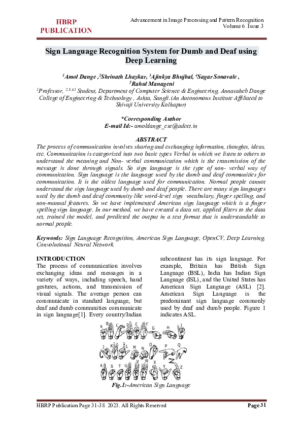 (PDF) Sign Language Recognition System for Dumb and Deaf using Deep ... (PDF) Sign Language Recognition System for Dumb and Deaf using Deep ...
