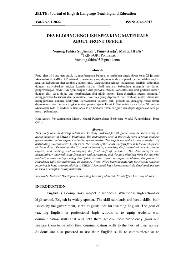 (PDF) Developing English Speaking Materials About Front Office