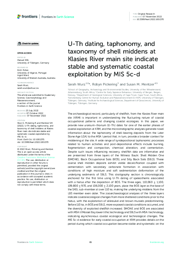 (PDF) U-Th dating, taphonomy, and taxonomy of shell middens at Klasies ...