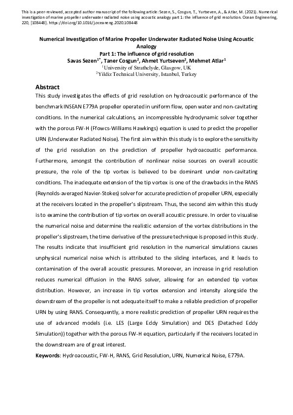 Pdf Numerical Investigation Of Marine Propeller Underwater Radiated Noise Using Acoustic