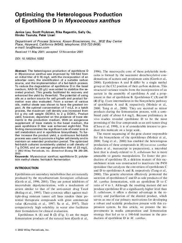 (PDF) Optimizing the heterologous production of epothilone D in Myxococcus xanthus