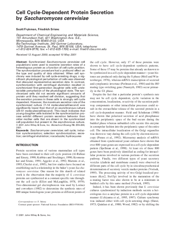 (PDF) Cell cycle-dependent protein secretion bySaccharomyces cerevisiae