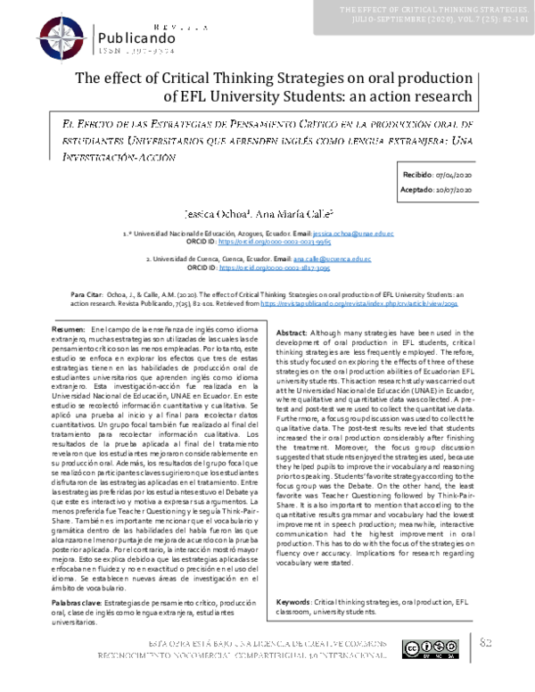 (PDF) The effect of Critical Thinking Strategies on oral production of EFL University Students ...