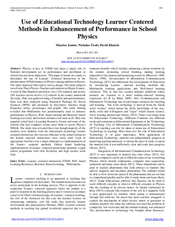 (PDF) Use of Educational Technology Learner Centered Methods in ...