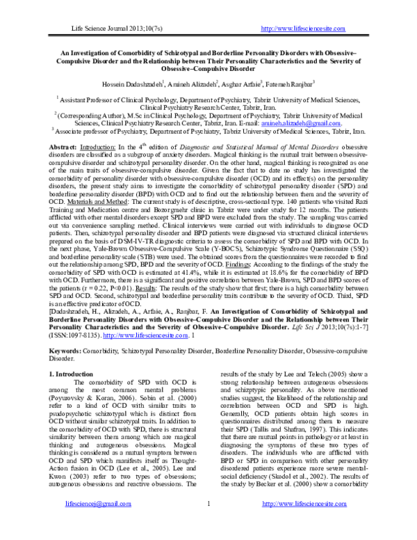 (PDF) An Investigation of Comorbidity of Schizotypal and Borderline Personality Disorders with ...