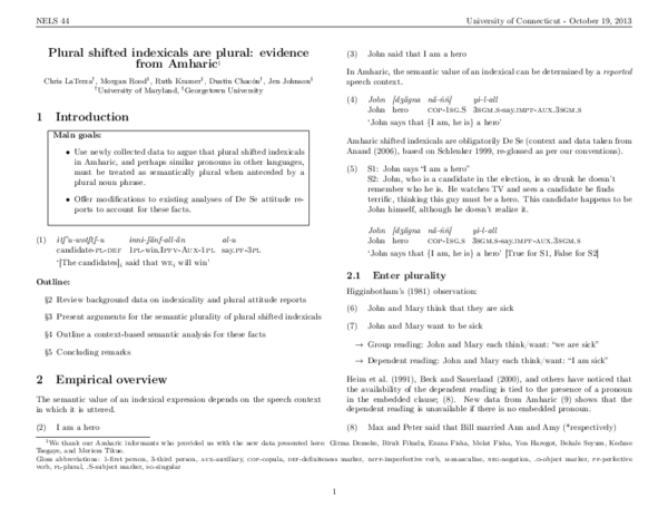 (PDF) Plural shifted indexicals are plural: evidence from Amharic