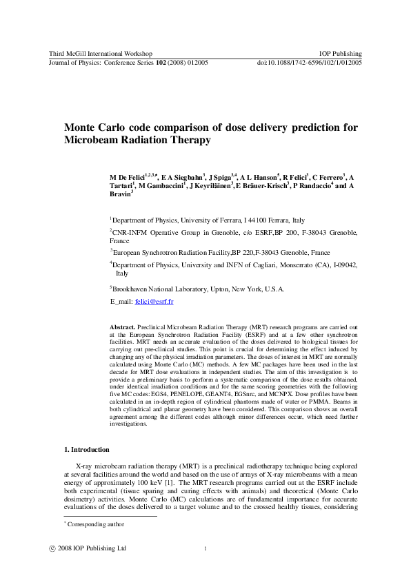 (PDF) Monte Carlo code comparison of dose delivery prediction for microbeam radiation therapy ...