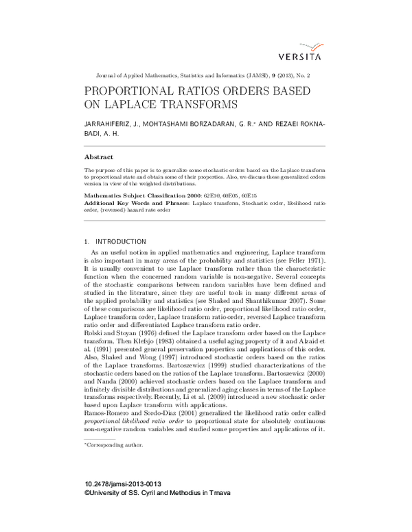 (PDF) Proportional ratios orders based on laplace transforms