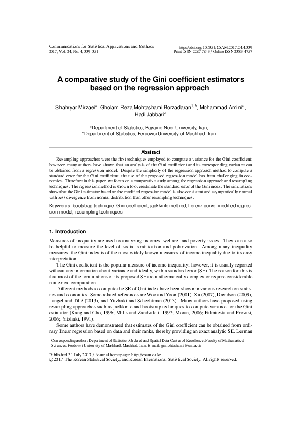 (PDF) A comparative study of the Gini coefficient estimators based on the regression approach