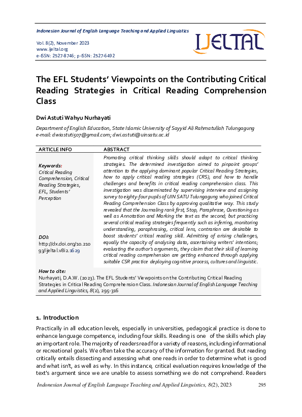 (PDF) The EFL Students' Viewpoints on the Contributing Critical Reading Strategies in Critical ...