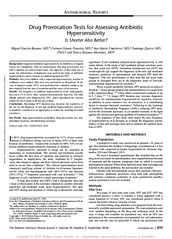 (PDF) Drug Provocation Tests for Assessing Antibiotic Hypersensitivity