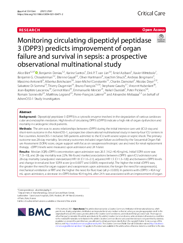 (PDF) Monitoring circulating dipeptidyl peptidase 3 (DPP3) predicts ...