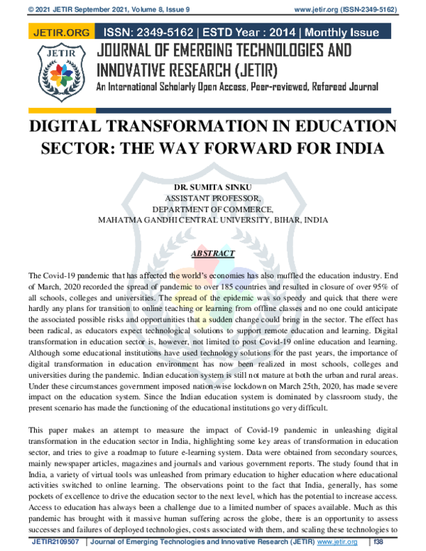 (PDF) Digital Transformation in Education Sector: The Way Forward for India