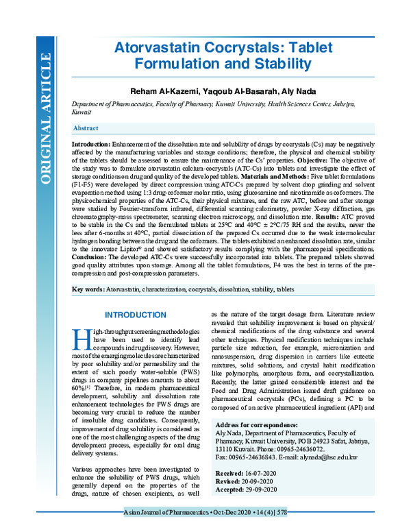 (PDF) Atorvastatin Cocrystals: Tablet Formulation and Stability