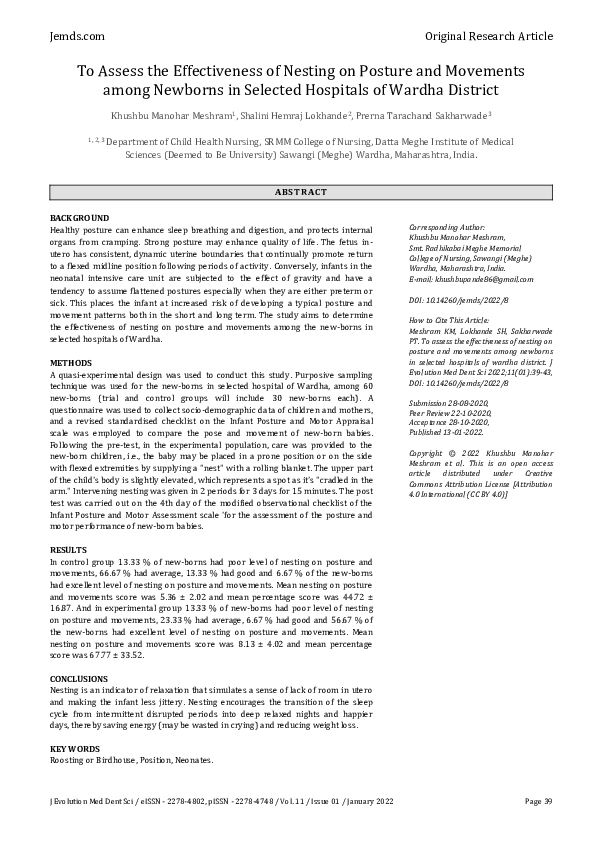 (PDF) To Assess the Effectiveness of Nesting on Posture and Movements ...