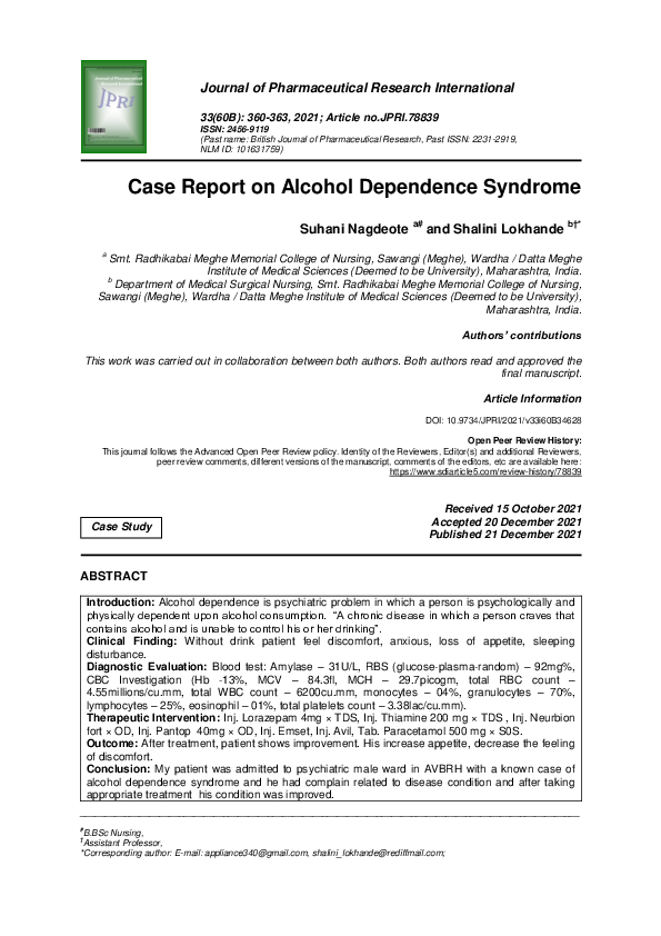 (PDF) Case Report on Alcohol Dependence Syndrome