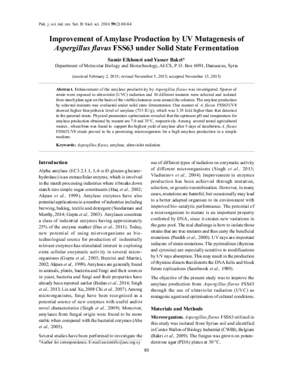 (PDF) Improvement of Amylase Production by UV Mutagenesis of Aspergillus flavus FSS63 under ...