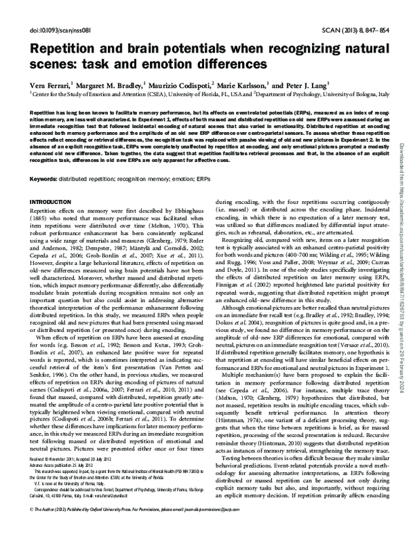 (PDF) Repetition and brain potentials when recognizing natural scenes: task and emotion differences