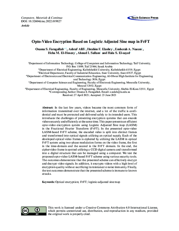Pdf Opto Video Encryption Based On Logistic Adjusted Sine Map In Frft