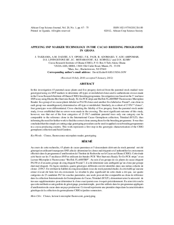 (PDF) Applying SNP marker technology in the cacao breeding programme in ...