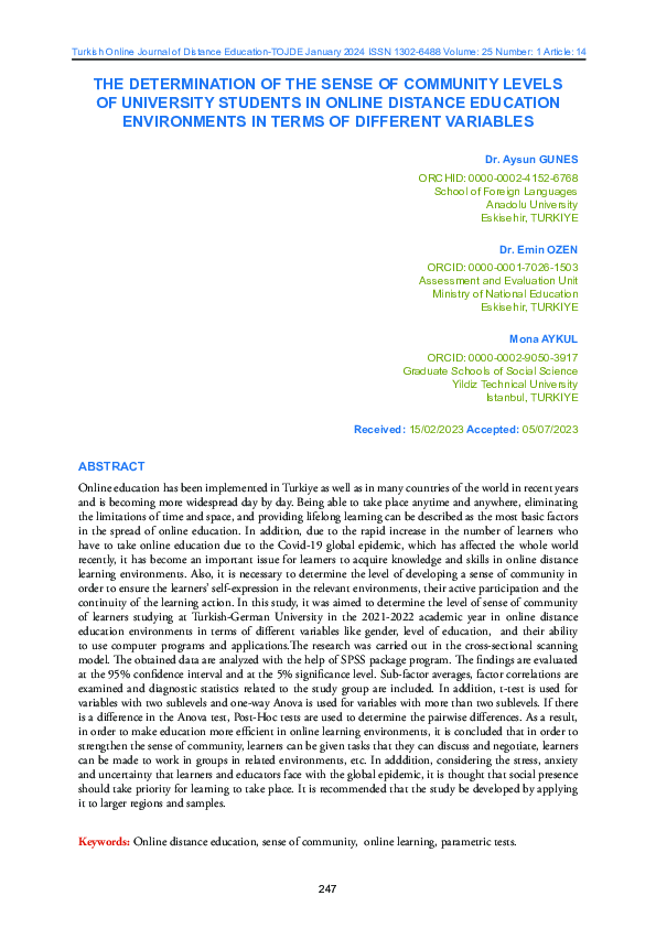(PDF) THE DETERMINATION OF THE SENSE OF COMMUNITY LEVELS OF UNIVERSITY ...