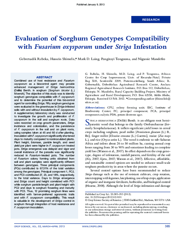 (PDF) Evaluation of Sorghum Genotypes Compatibility with Fusarium ...