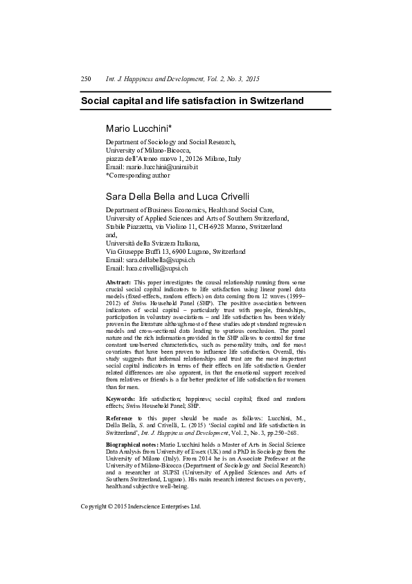 (PDF) Social capital and life satisfaction in Switzerland