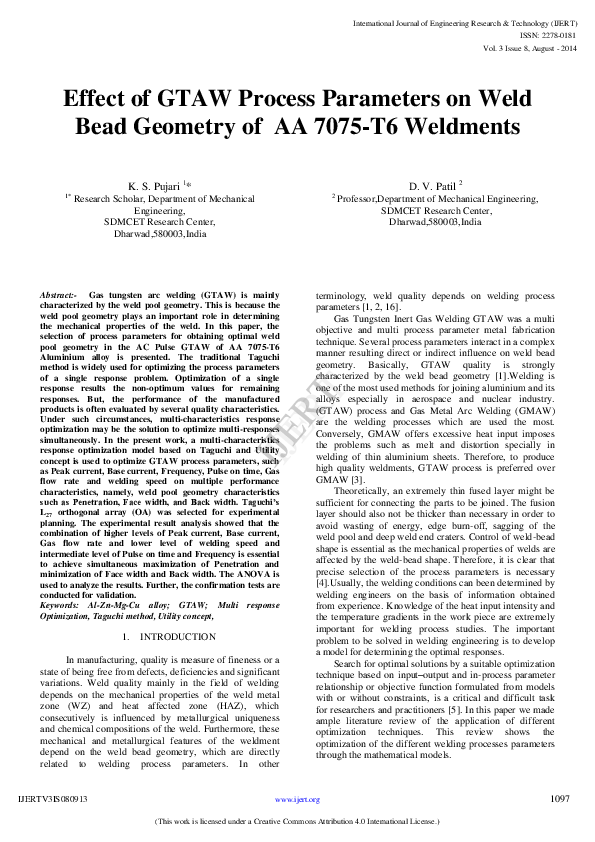 (PDF) Optimization of GTAW Process Parameters on Mechanical Properties of AA 7075-T6 Weldments