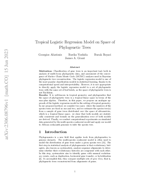 (PDF) Tropical Logistic Regression Model on Space of Phylogenetic Trees