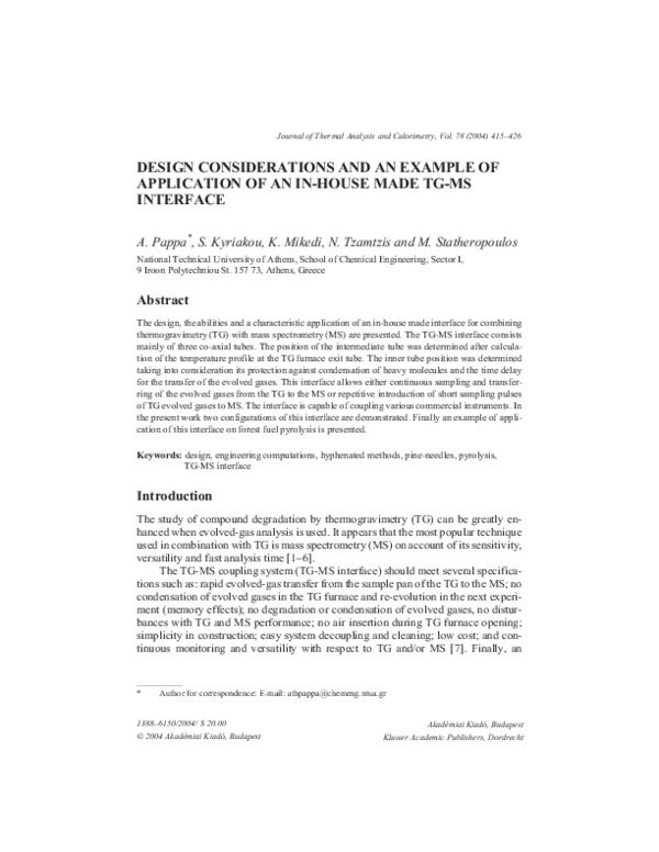 (PDF) Design considerations and an example of application of an in-house made TG-MS interface