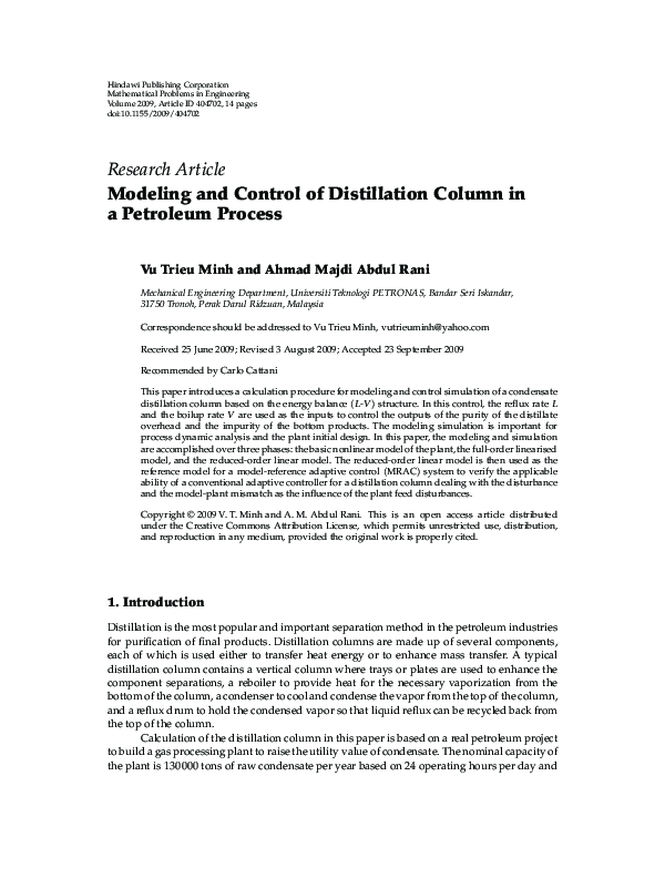 (PDF) Modeling and Control of Distillation Column in a Petroleum Process