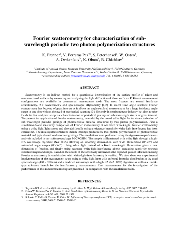 (PDF) Fourier Scatterometry for Characterization of Sub-wavelength Periodic Two Photon ...