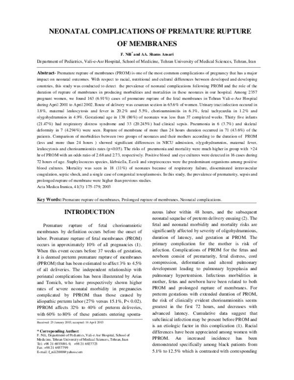 (PDF) Neonatal Complications of Premature Rupture of Membranes | Shams ...