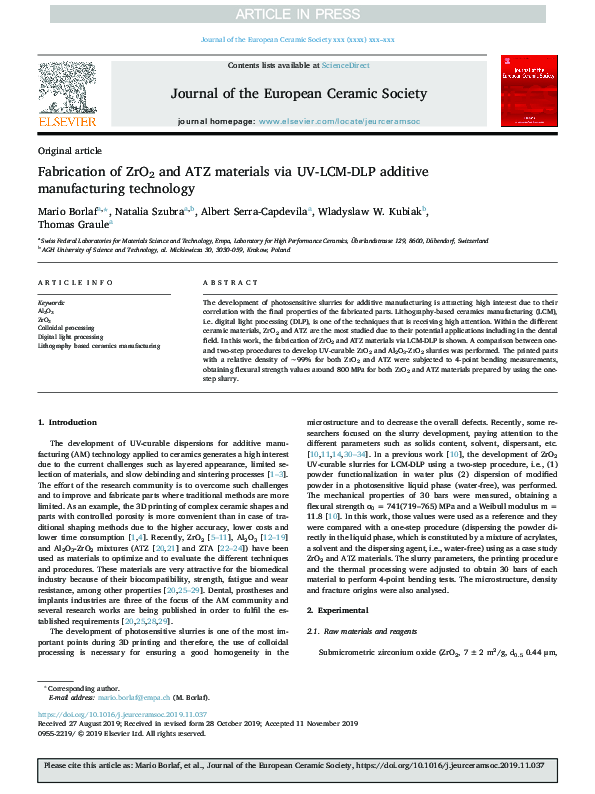 (PDF) Fabrication of ZrO2 and ATZ materials via UV-LCM-DLP additive ...