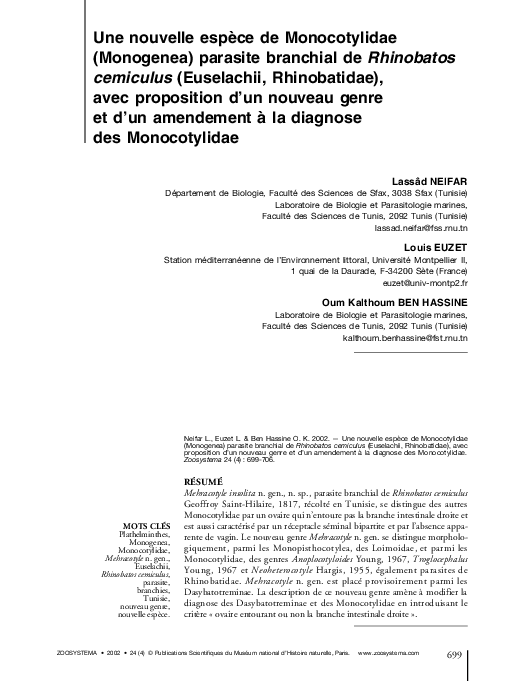 (PDF) (Monogenea) parasite branchial de Rhinobatos cemiculus ...