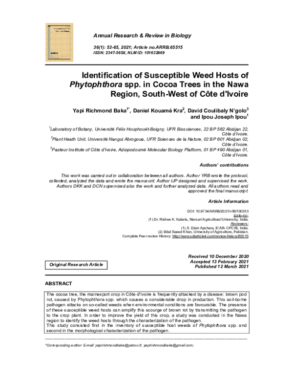(PDF) Identification of Susceptible Weed Hosts of Phytophthora spp. in Cocoa Trees in the Nawa ...
