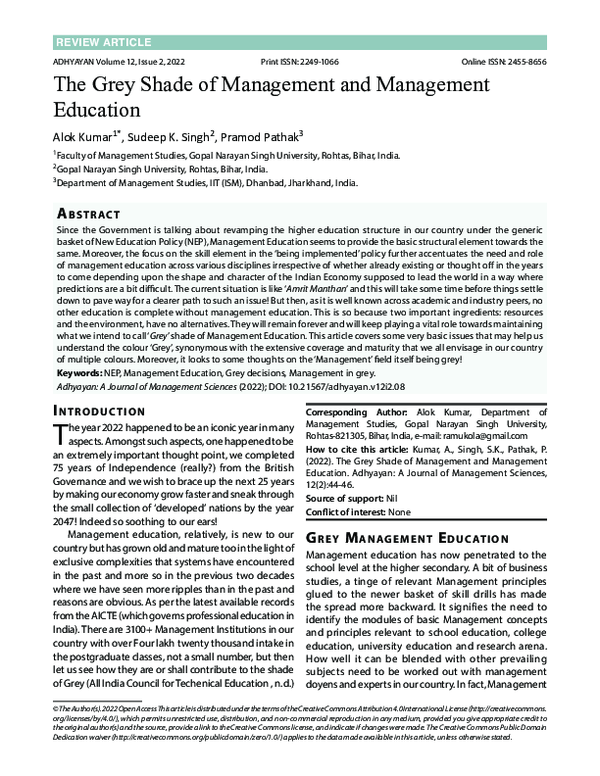 (PDF) The Grey Shade of Management and Management Education