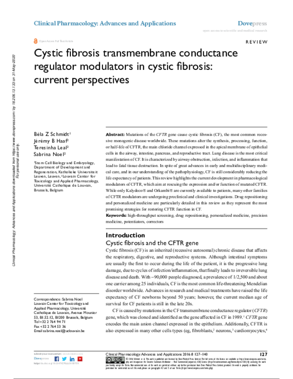 (PDF) Cystic fibrosis transmembrane conductance regulator modulators in cystic fibrosis: current ...