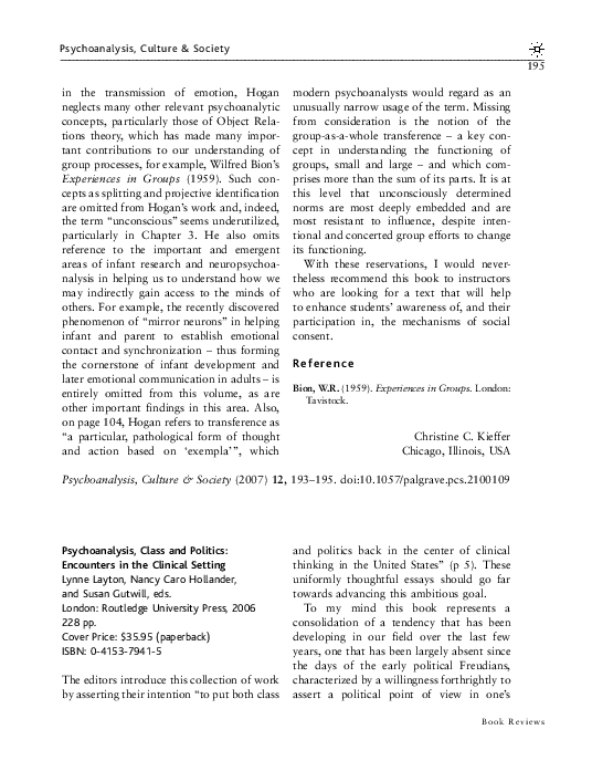 (PDF) Psychoanalysis, Class and Politics: Encounters in the Clinical Setting