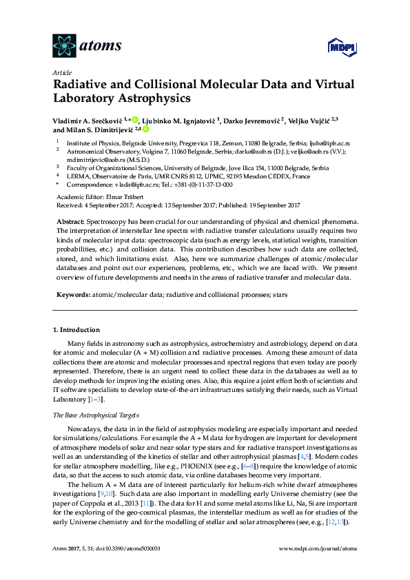 (PDF) Radiative and Collisional Molecular Data and Virtual Laboratory Astrophysics
