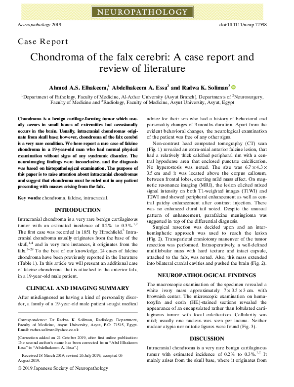 (PDF) Chondroma of the falx cerebri: A case report and review of literature