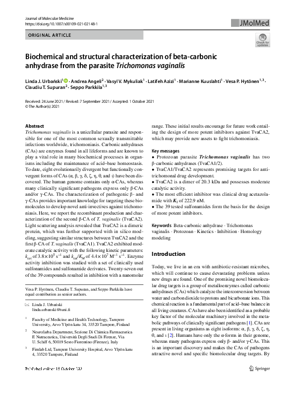 (PDF) Biochemical and structural characterization of beta-carbonic anhydrase from the parasite ...