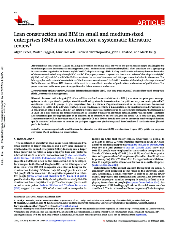(PDF) Lean construction and BIM in small and medium-sized enterprises (SMEs) in construction: a ...