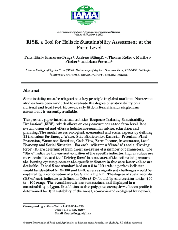 (PDF) RISE, a Tool for Holistic Sustainability Assessment at the Farm Level