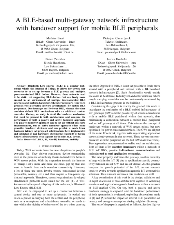(PDF) A BLE-Based Multi-Gateway Network Infrastructure with Handover Support for Mobile BLE ...