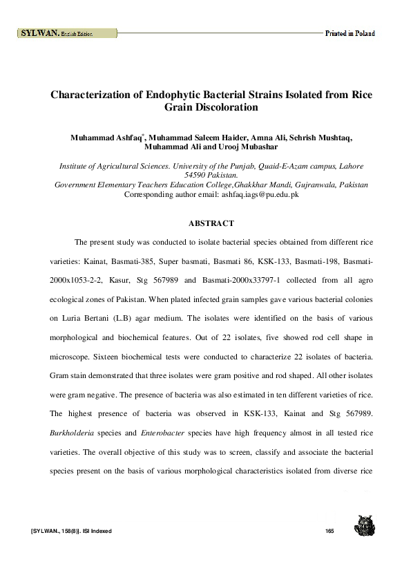 (PDF) Characterization of Endophytic Bacterial Strains Isolated from Rice Grain Discoloration