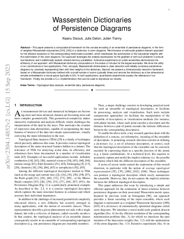 (PDF) Wasserstein Dictionaries of Persistence Diagrams | Keanu SISOUK - Academia.edu